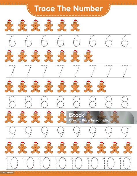 숫자를 추적합니다 진저 브레드 맨 교육 용 어린이 게임 인쇄 가능한 워크 시트 벡터 일러스트레이션으로 추적 번호 0명에 대한