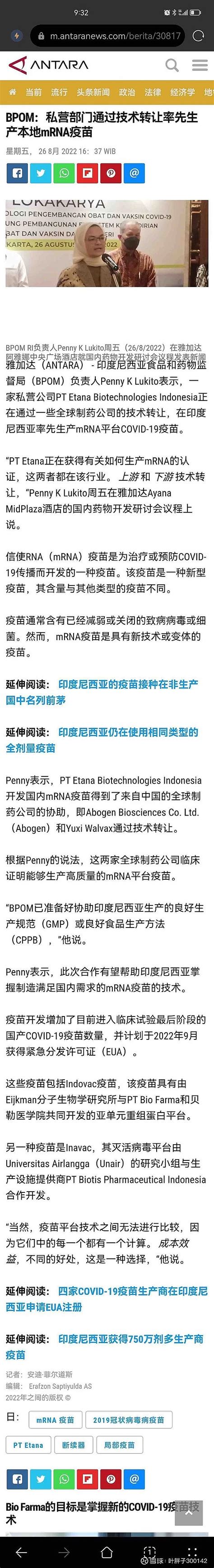 印尼🇮🇩药监局负责人表示将于九月批准eua给艾博与沃森合作研发的 Mrna 疫苗在本国上市，并通过其技术转让率先在印 雪球
