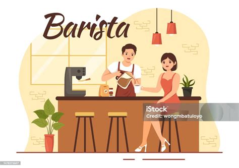 바리스타 그림 평면 만화 손으로 그린 랜딩 페이지 또는 웹 배너 템플릿에서 고객을 위해 커피를 만드는 스탠딩 앞치마를 입고 있다 고객에 대한 스톡 벡터 아트 및 기타 이미지