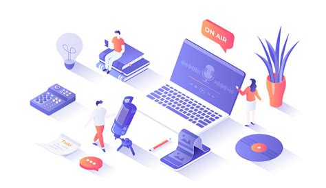 팟 캐스트 녹음 온라인 쇼 블로깅 라디오 방송 인터넷 웹 사이트의 팟 캐스팅 라디오 호스트 작업장 마이크 헤드폰 믹서 웹 그래프를 위한 사람 장면이 있는 Isometry