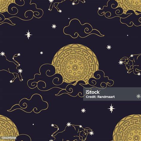 푸른 배경에 황금 달밤 하늘과 원활한 벡터 패턴 별과 간단한 조디악 기호 벽지 디자인 천문학 패션 섬유 0명에 대한 스톡 벡터