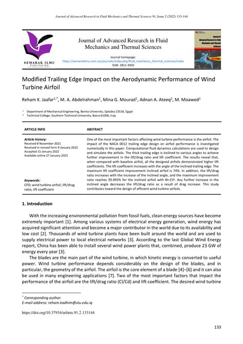 PDF Modified Trailing Edge Impact On The Aerodynamic Performance Of Wind Turbine Airfoil