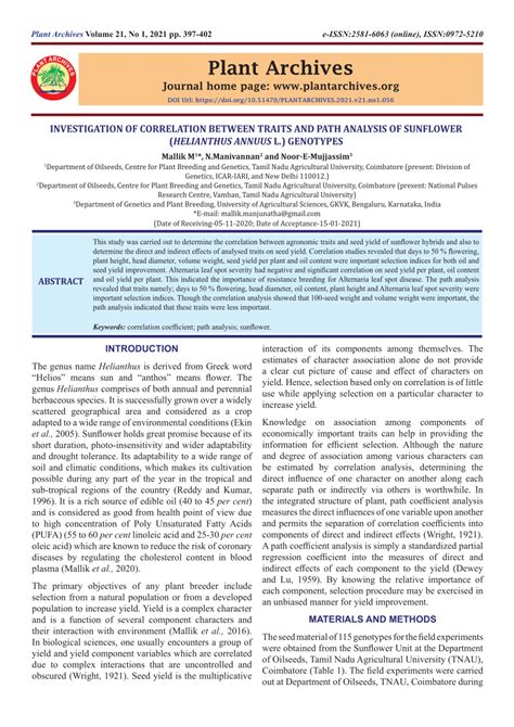 Pdf Investigation Of Correlation Between Traits And Path Analysis Of Sunflower Helianthus