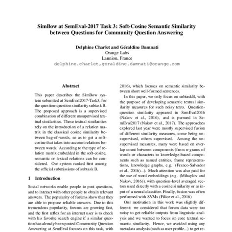 Simbow At Semeval 2017 Task 3 Soft Cosine Semantic Similarity Between Questions For Community