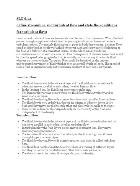 Slo 6 1 1 Define Streamline And Turbulent Flow And State The Conditions