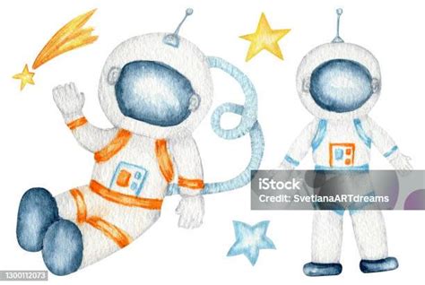 우주 복 세트의 우주 비행사 헬멧과 별 흰색 배경에 고립 된 수채화 일러스트 우주맨 재미 만화 아이 Astronout 개체 그룹에 대한 스톡 벡터 아트 및 기타 이미지