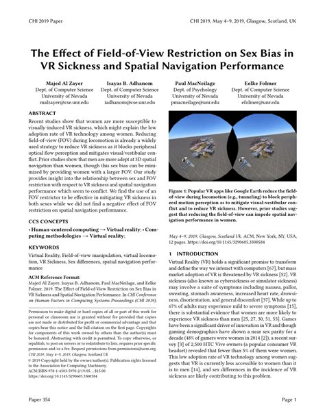 Pdf The Effect Of Field Of View Restriction On Sex Bias In Vr Sickness And Spatial Navigation
