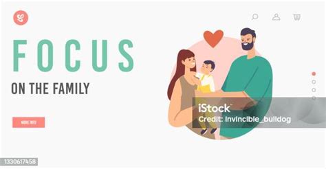 패밀리 랜딩 페이지 템플릿에 초점을 맞춥니다 아기를 안고 있는 부모 엄마와 아버지 사랑하는 행복한 캐릭터 와 유아 가족에 대한 스톡 벡터 아트 및 기타 이미지 Istock