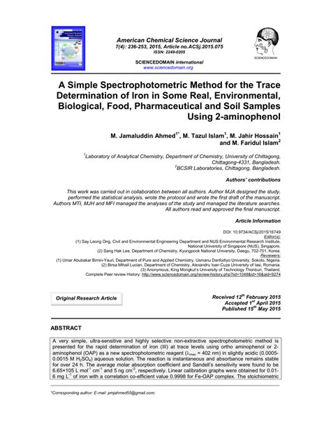 Pdf A Simple Spectrophotometric Method For The Trace Determination Of Iron In Some Real