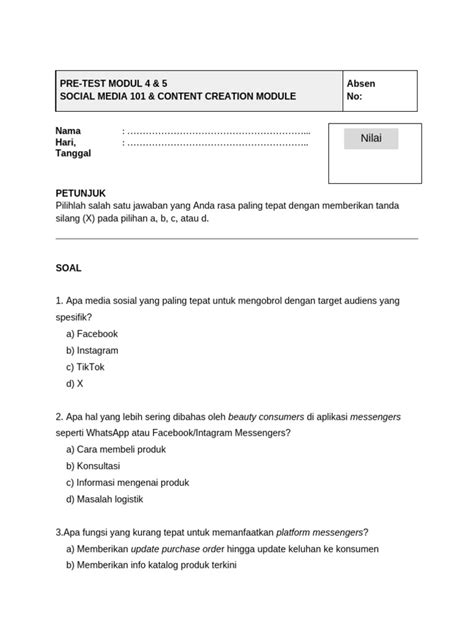 Pretest Modul 4 And 5 Social Media 101 And Content Creation Module Pdf