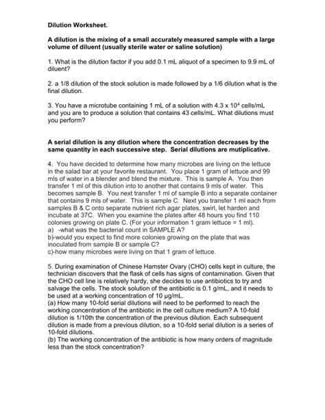 Serial Dilution Worksheet Pl