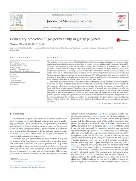 Pdf Elementary Prediction Of Gas Permeability In Glassy Polymers Giulio Sarti