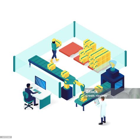 포장 공정 최종 조립 단계 생산 된 상품 3d 등각 벡터 일러스트와 상자를 스태킹 로봇 기술 공장 산업 건물에 대한 스톡 벡터 아트 및 기타 이미지 Istock