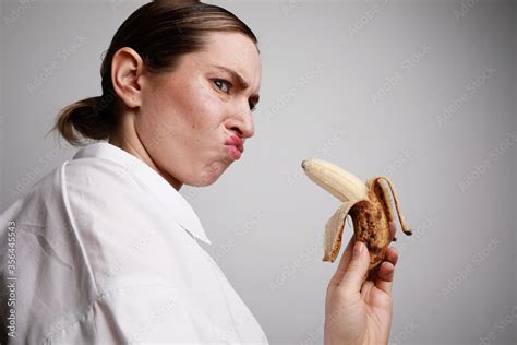 Young Woman Holding Half Naked Banana Safe Sex Concept Photos Stock