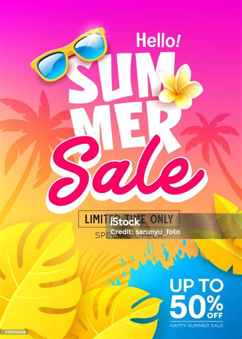 여름 세일 열대 노란 잎 화려한 포스터 전단지 코코넛 나무 디자인 여름에 대한 스톡 벡터 아트 및 기타 이미지 여름 세일 이벤트 Istock