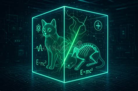 Schrodinger S Cat In A Cube With Neon Scientific Symbols And Formulas Illustration Concept Of
