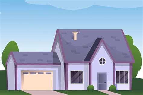 교외 집 배경 현대 만화 마을 건물 디자인 벡터 일러스트 아늑한 창문과 문 차고로 가는 진입로 집으로 가는 길 빌라의 수평 야외 장면 마당의 차도에 대한 스톡 벡터 아트 및