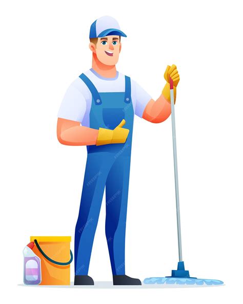 Cleaning Service Man With Mop And Bucket Male Janitor Cartoon