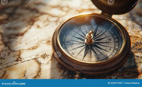 Antique Compass Resting On Ancient Map Showing The Americas Stock Image