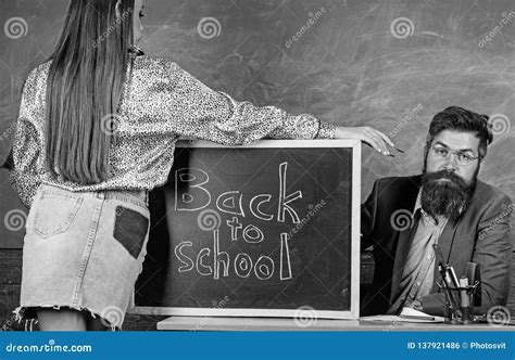Teacher Strict Sit Table Chalkboard Background Student In Mini Skirt