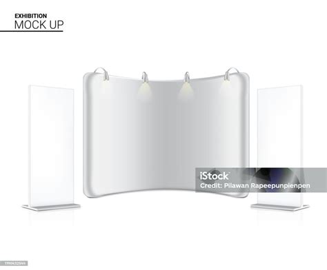 3d 모의 현실전시 부스 배경 및 배너 롤업 화이트 배경 일러스트에 이벤트 배경막에 대한 스톡 벡터 아트 및 기타 이미지 배경막 0명 3차원 형태 Istock