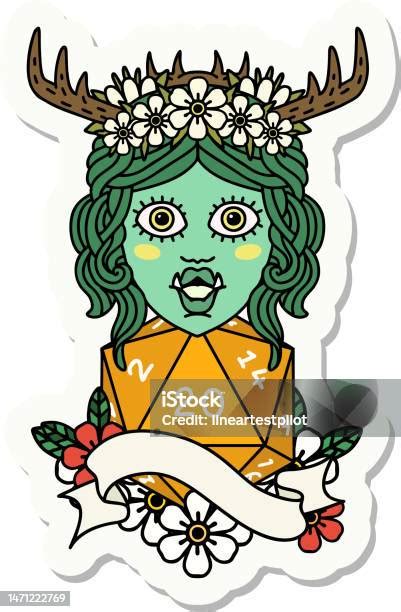 하프 오크 드루이드 캐릭터의 스티커와 자연 20 주사위 굴림 굴리기에 대한 스톡 벡터 아트 및 기타 이미지 굴리기 도깨비