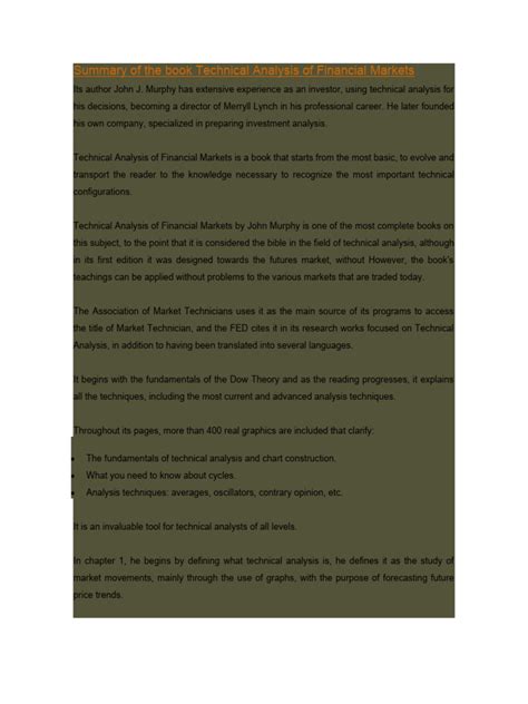 Summary Of The Book Technical Analysis Of Financial Markets Pdf
