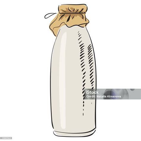 공예 종이와 우유 유리 병의 스케치 자연적인 서류상 모자를 가진 낙농장을 위한 콘테이너 손으로 그립니다 고립 된 벡터 이미지 0명에 대한 스톡 벡터 아트 및 기타 이미지