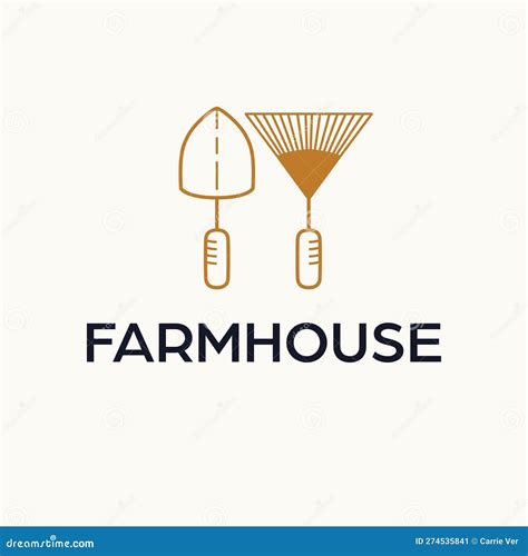 Farm House Vector Logo Design Shovel And Rake Modern Logotype Stock
