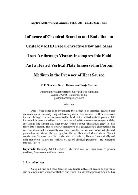 Pdf Influence Of Chemical Reaction And Radiation On Unsteady Mhd Free Convective Flow And Mass