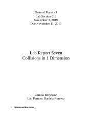 Lab Report Collisions In D Docx General Physics I Lab Section November Due