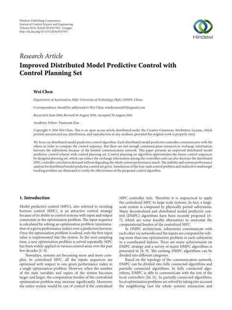 Pdf Improved Distributed Model Predictive Control With Control