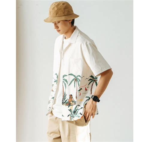 การพิมพ์ด้านหน้ากระเป๋าเสื้อฮาวายผู้ชายฤดูร้อนปุ่มลงปกวันหยุดชายหาดเสื้อชายด้านบน Shopee Thailand