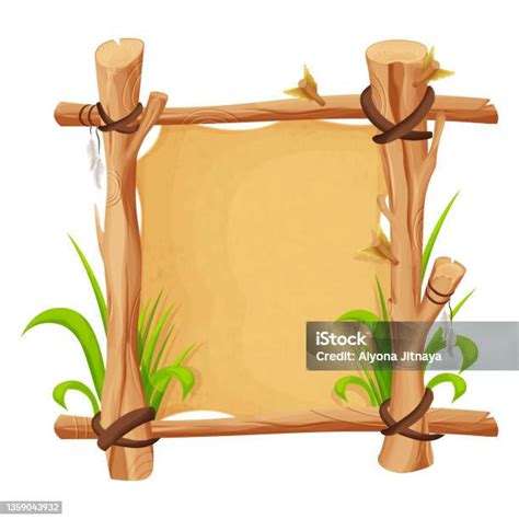 나무 가지 막대기 오래된 종이 가죽 로프 흰색 배경에 고립 된 만화 스타일의 잔디에서 프레임 부족 시골 클립 아트 Ui 게임