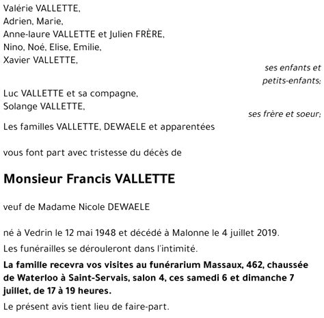 Avis De Décès De Francis Vallette Décédé Le 04 07 2019 à Malonne Annonce Condoléances Fleurs