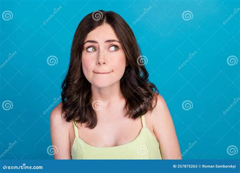 Photo Of Doubtful Unsure Lady Wear Green Outfit Looking Empty Space