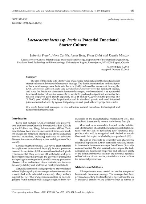 Pdf Lactococcus Lactis Ssp Lactis As Potential Functional Starter Culture