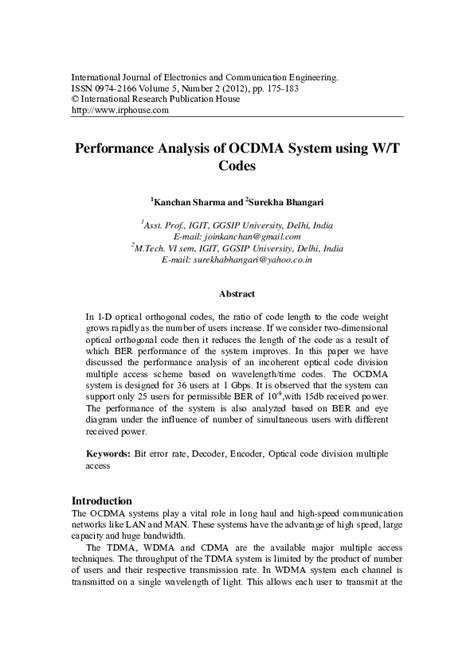 Pdf Performance Analysis Of Ocdma System Using Wt Codes
