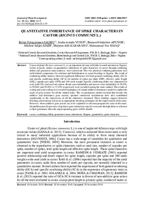 Pdf Quantitative Inheritance Of Spike Characters In Castor Ricinus