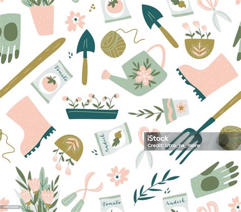 정원 도구 완벽 한 패턴입니다 뜰을 만드는 요소 벡터 일러스트입니다 행복 한 뜰을 만드는 직물 디자인 패턴에 대한 스톡 벡터 아트 및 기타 이미지 Istock