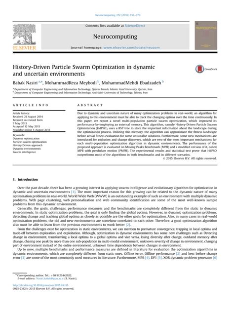 2016 Elsevier History Driven Particle Swarm Optimization In Dynamic And