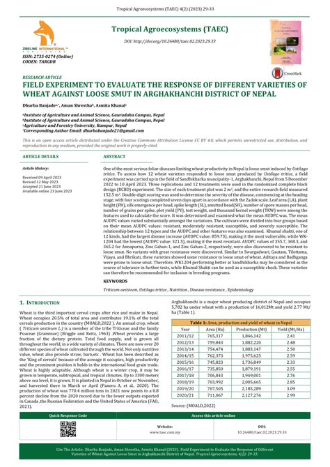 PDF FIELD EXPERIMENT TO EVALUATE THE RESPONSE OF DIFFERENT VARIETIES OF WHEAT AGAINST LOOSE