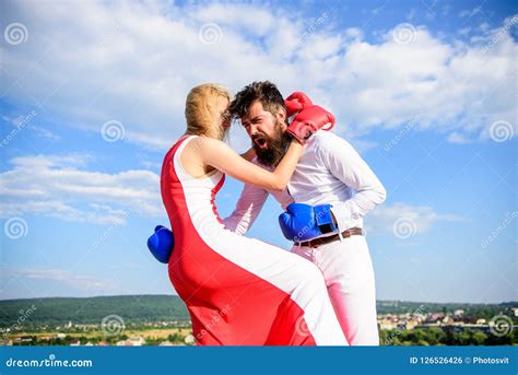Defend Your Opinion In Confrontation Man And Woman Fight Boxing Gloves