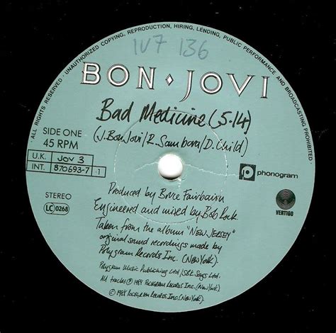 Bon Jovi Bad Medicine Vinyl Record 7 Inch Vertigo 1989