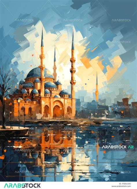 الفن الهندسي المعماري على الطراز الاسلامي، لوحة فنية ثلاثية الأبعاد لمسجد وسط الطبيعه وقت غروب