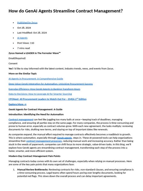 Zycus How Do Genai Agents Streamline Contract Management 2024 Pdf Automation Artificial