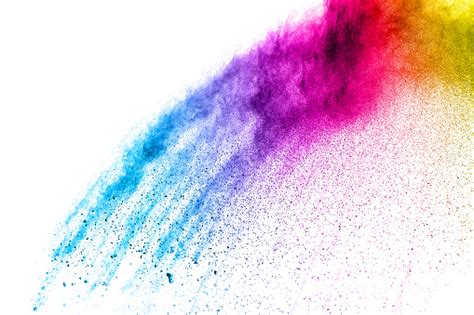 멀티 컬러 파우더 폭발 흰색 배경에 고립입니다 흰색 바탕에 색된 먼지 시작 구름입니다 배경에 화려한 입자를 시작 했다 그려진된 Holi 축제에 검은색에 대한 스톡 사진 및