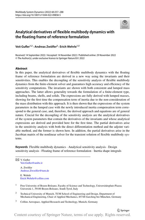 Analytical Derivatives Of Flexible Multibody Dynamics With The Floating
