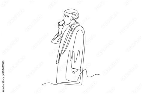 Continuous One Line Drawing A Muslim With His Ihram Dress Drink Zam Zam Water Hajj And Umrah