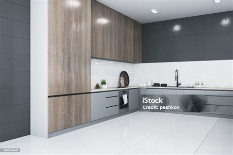 나무와 짙은 회색 벽과 타일 바닥이 있는 현대적인 주방 인테리어 디자인 3d 렌더링 0명에 대한 스톡 사진 및 기타 이미지 0명 3차원 형태 가구 Istock